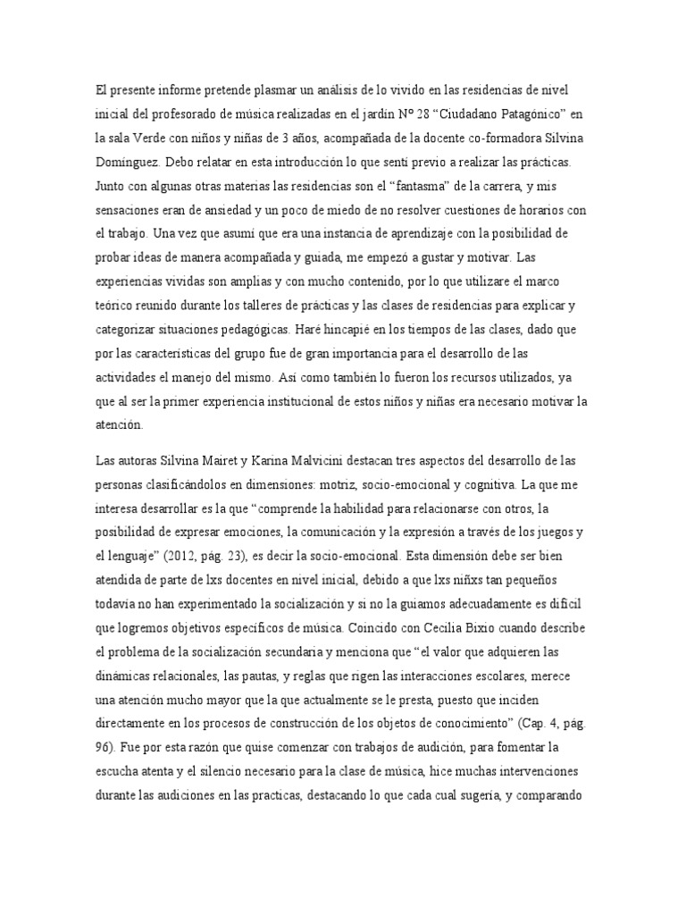 Informe Residencia Nivel Inicial Sabrina Silva | PDF | Maestros | Aprendizaje