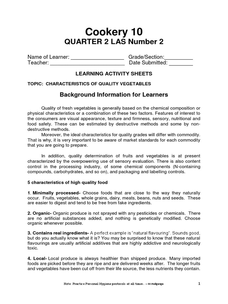 COOKERY 10 Quarter 2 LAS No. 2 | PDF | Organic Foods | Foods