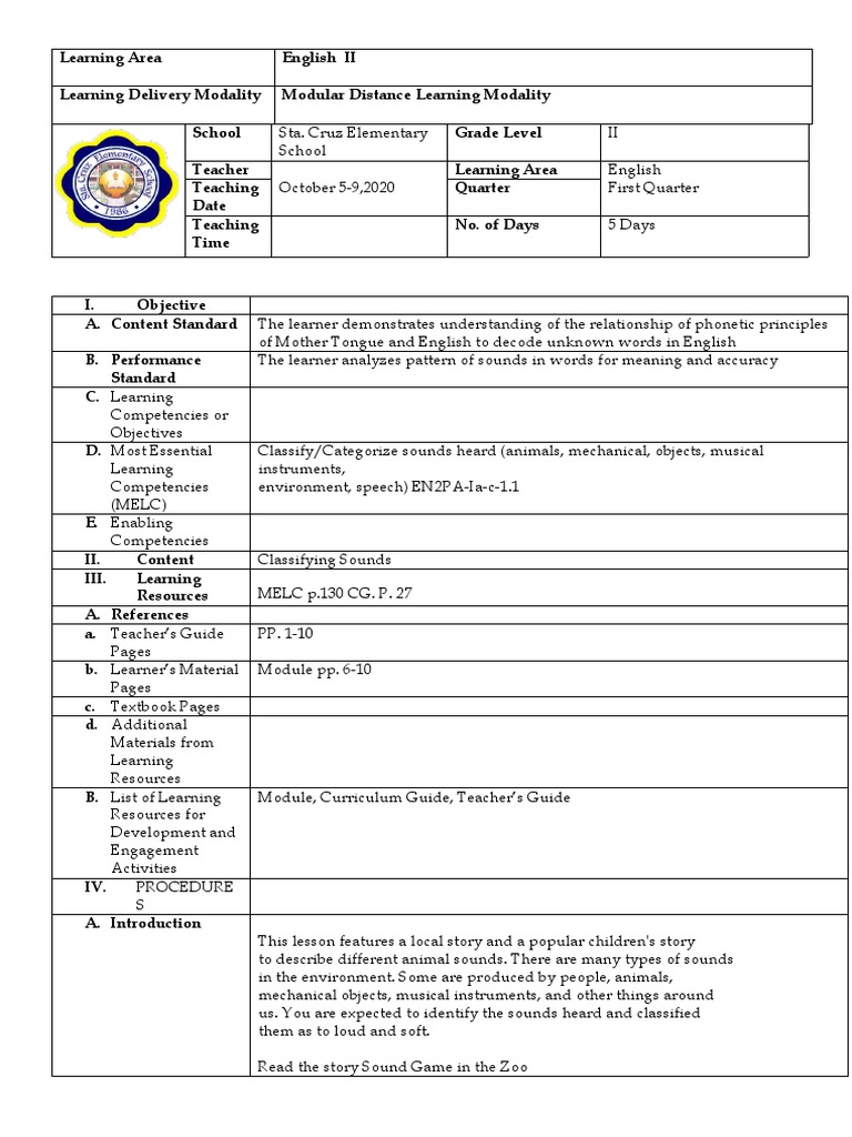 Lesson Exemplar in English-Week1 | PDF | Sound | Learning