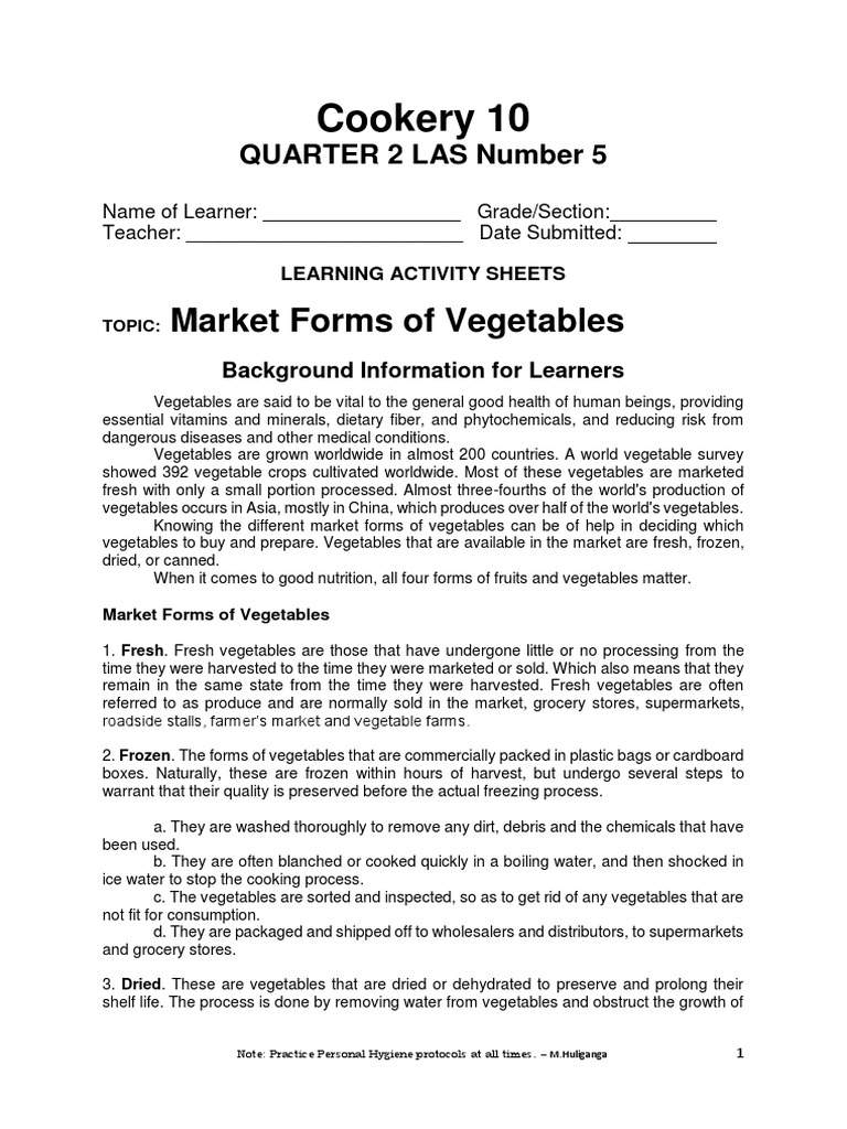 COOKERY 10 Quarter 2 LAS No. 5 | PDF | Vegetables | Farmers' Market