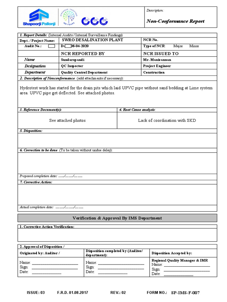 NCR Reported by NCR Issued To: Non-Conformance Report | PDF | Financial ...