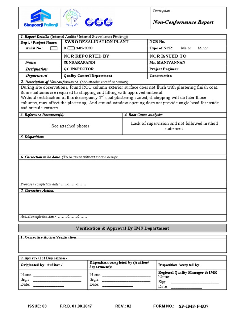 NCR Reported by NCR Issued To: Non-Conformance Report | PDF | Audit ...