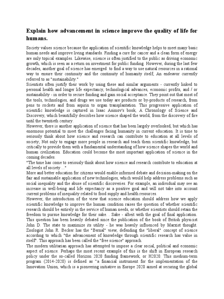 Explain How Advancement in Science Improve The Quality of Life For ...