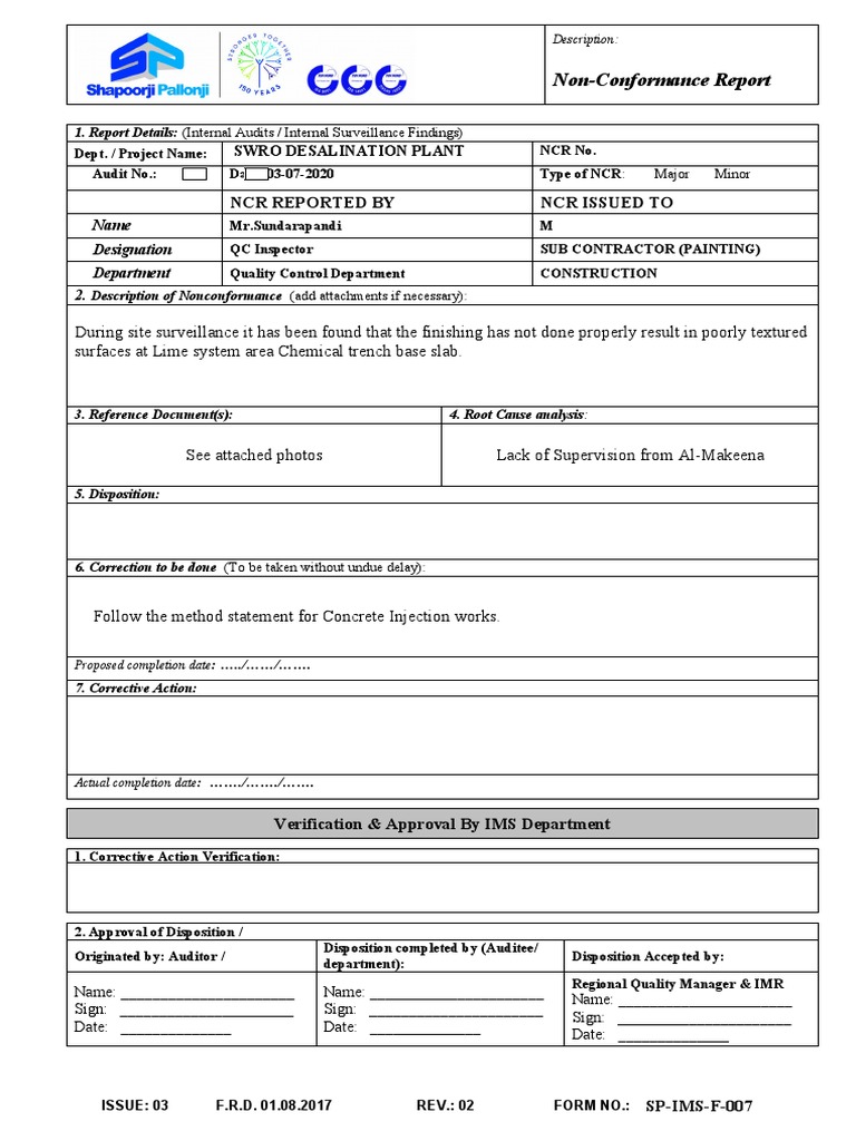 NCR Reported by NCR Issued To: Non-Conformance Report | PDF | Business ...
