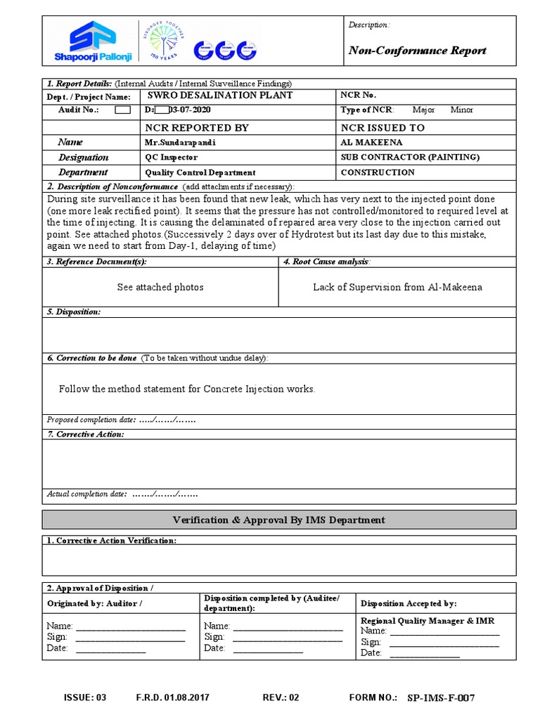 NCR Reported by NCR Issued To: Non-Conformance Report | PDF | Audit ...