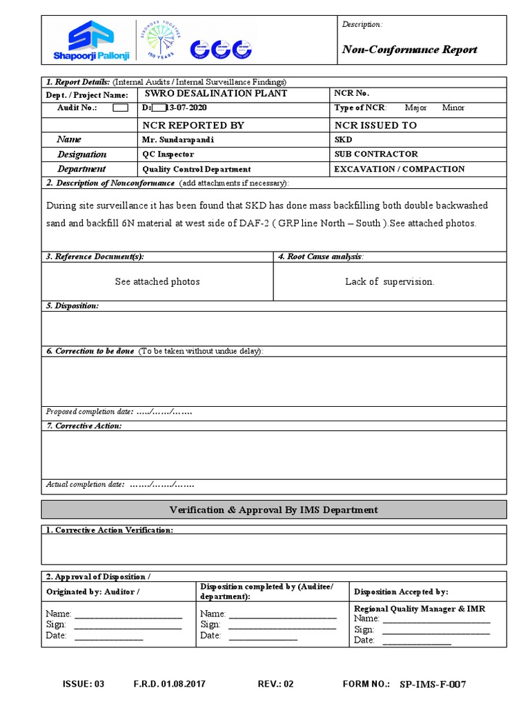NCR Reported by NCR Issued To: Non-Conformance Report | PDF | Financial ...