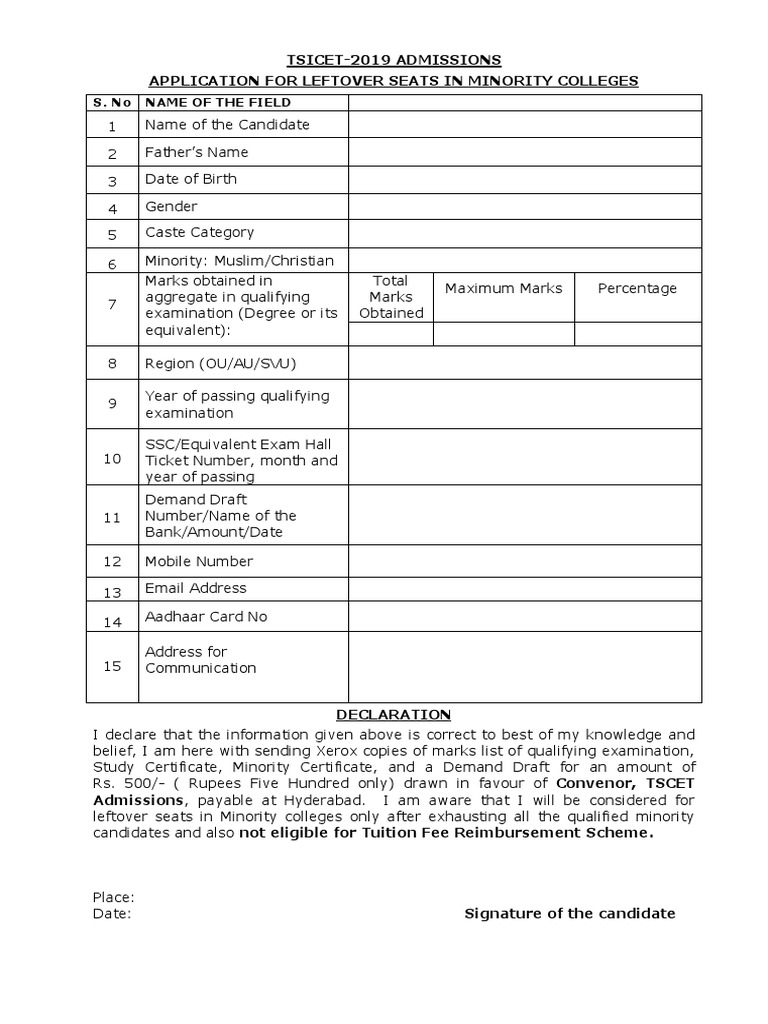 Tsicet-2019 Admissions Application For Leftover Seats in Minority ...