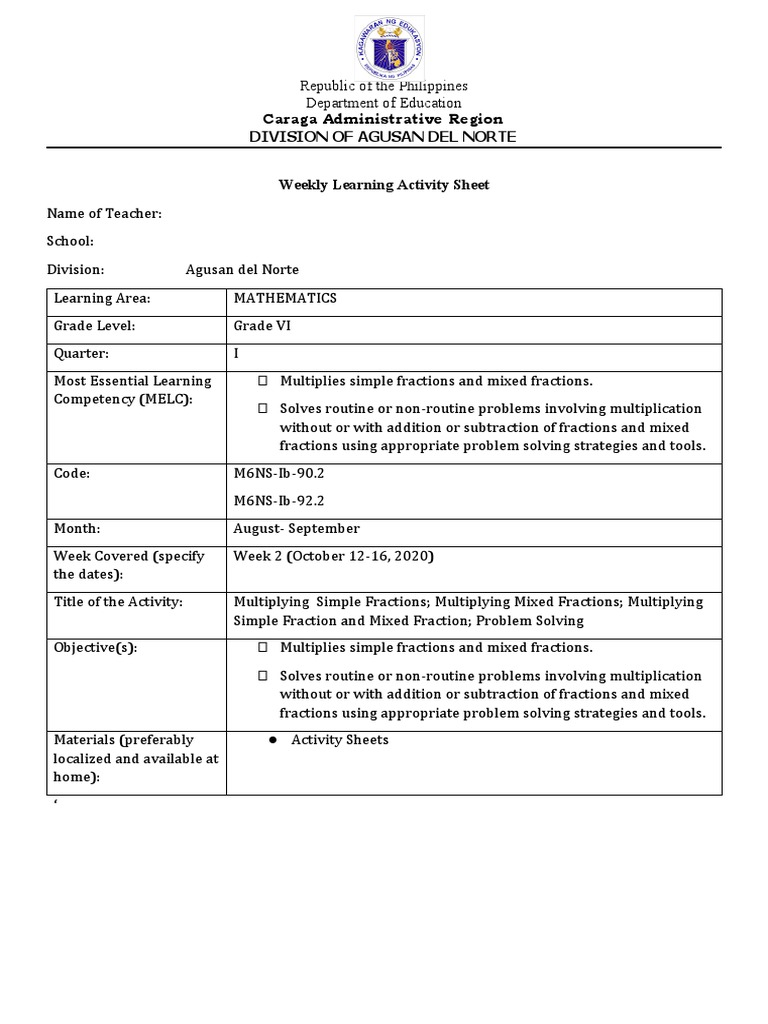 MATH 6 QUARTER 1 WEEK 2.docx Edited | PDF | Multiplication | Arithmetic