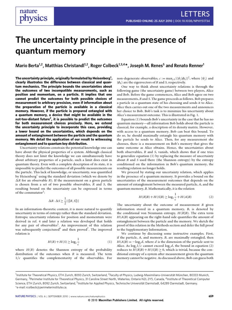 The Uncertainty Principle in The Presence of Quantum Memory: Letters ...