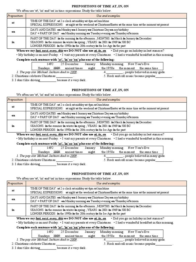 Preposition Use and Examples: at On | PDF | Workweek And Weekend ...