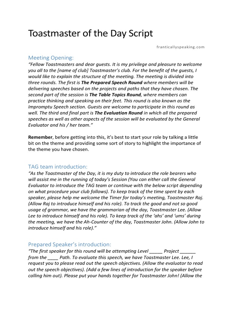 Toastmaster of the Day Role Script | PDF | Communication