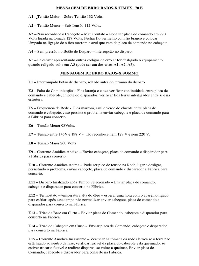 Código de Erro de Raios-X Completo-1 PDF | PDF | Equipamento elétrico ...