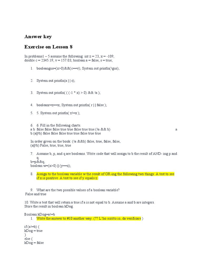Exercise On Lesson 10 P1 Pdf Boolean Data Type Integer Computer Science