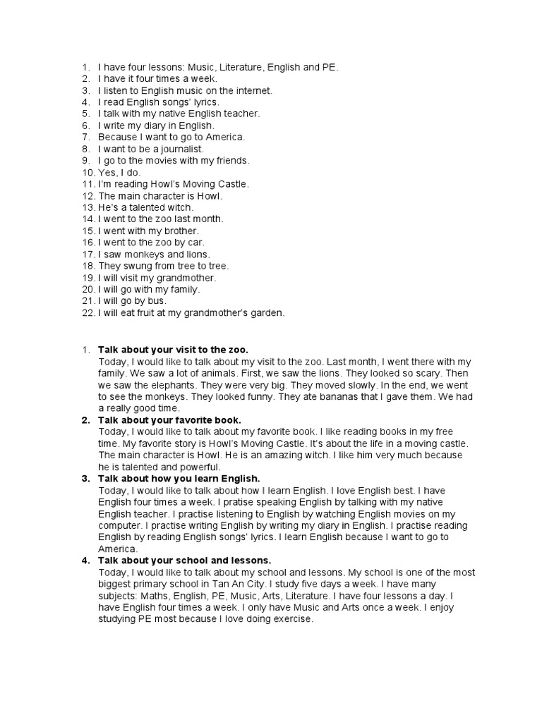 Grade 5 Speaking Test Topics | PDF | General Fiction