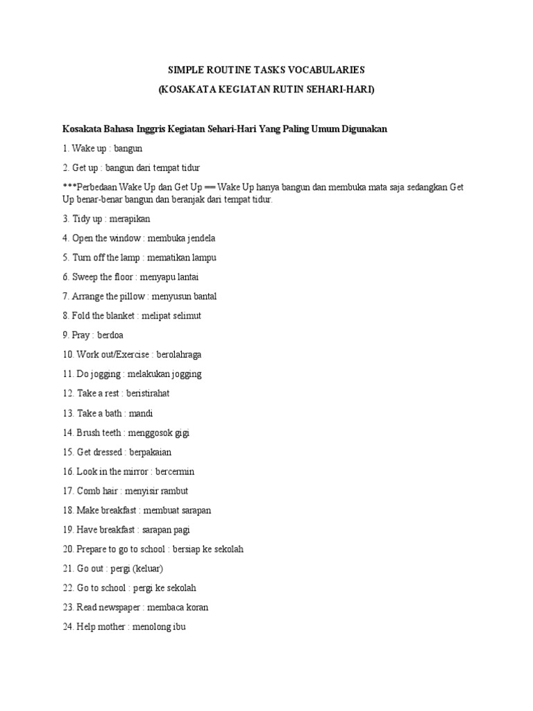Simple Routine Tasks Vocabularies | PDF