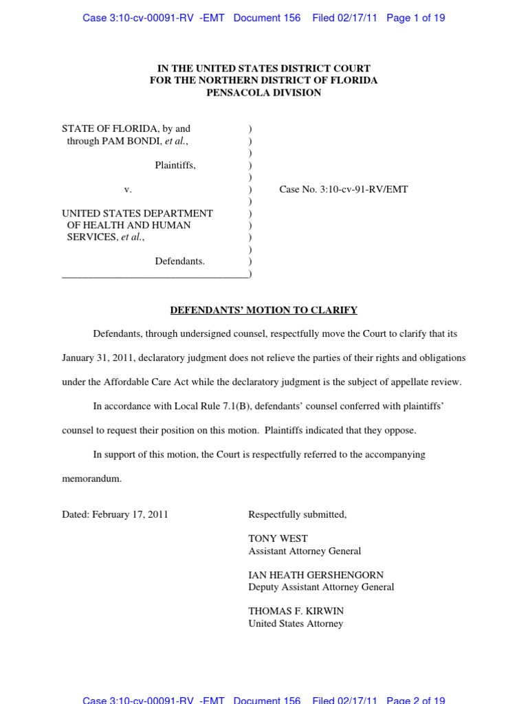 Motion To Clarify | PDF | Patient Protection And Affordable Care Act ...