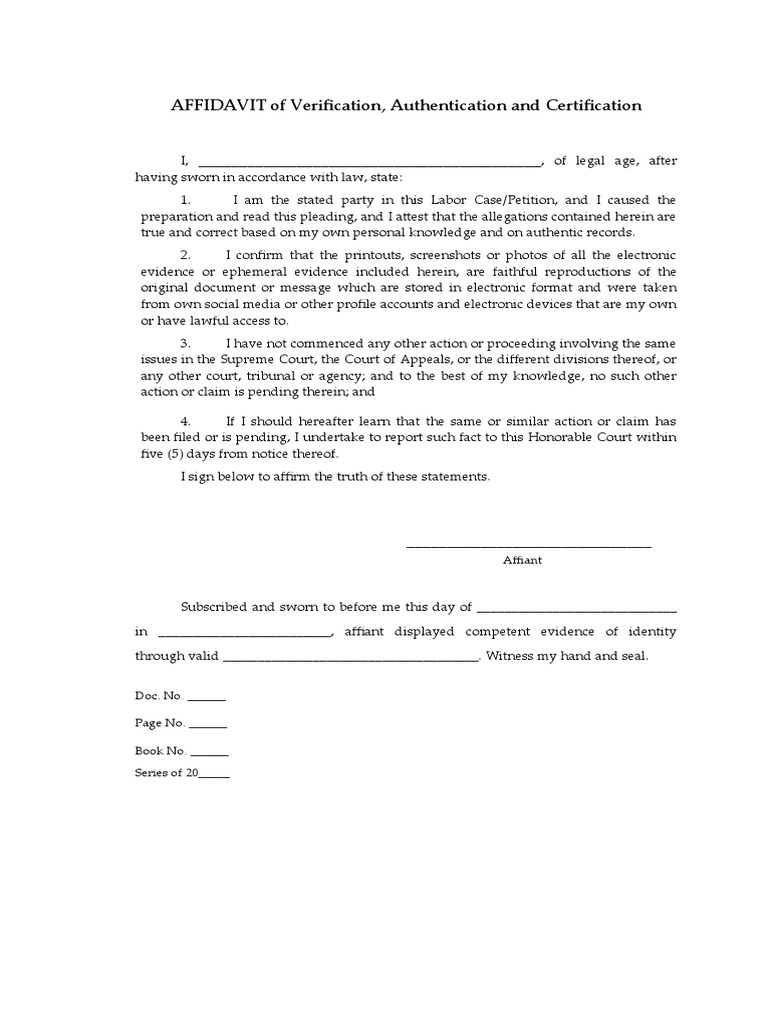 AFFIDAVIT of Verification, Authentication and Certification: Affiant | PDF