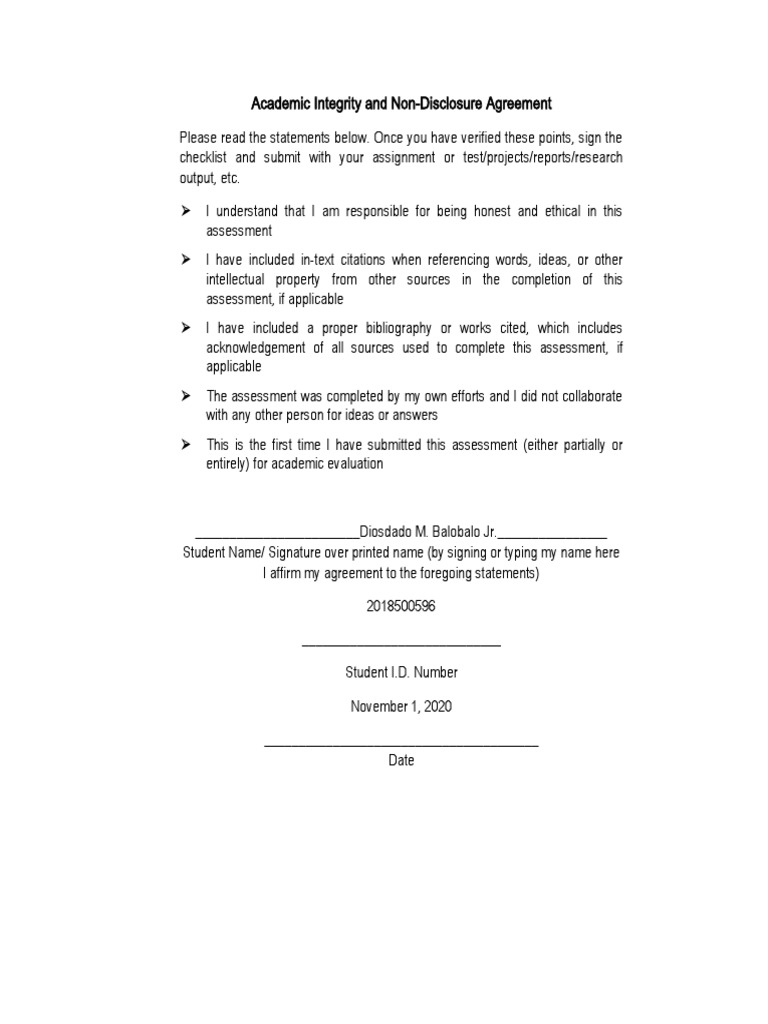 Academic Integrity and Non-Disclosure Agreement | PDF