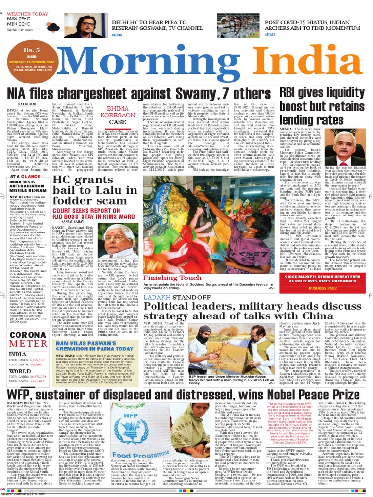 Morning India - 10-Oct.-'20? | PDF | World Food Programme | Hunger