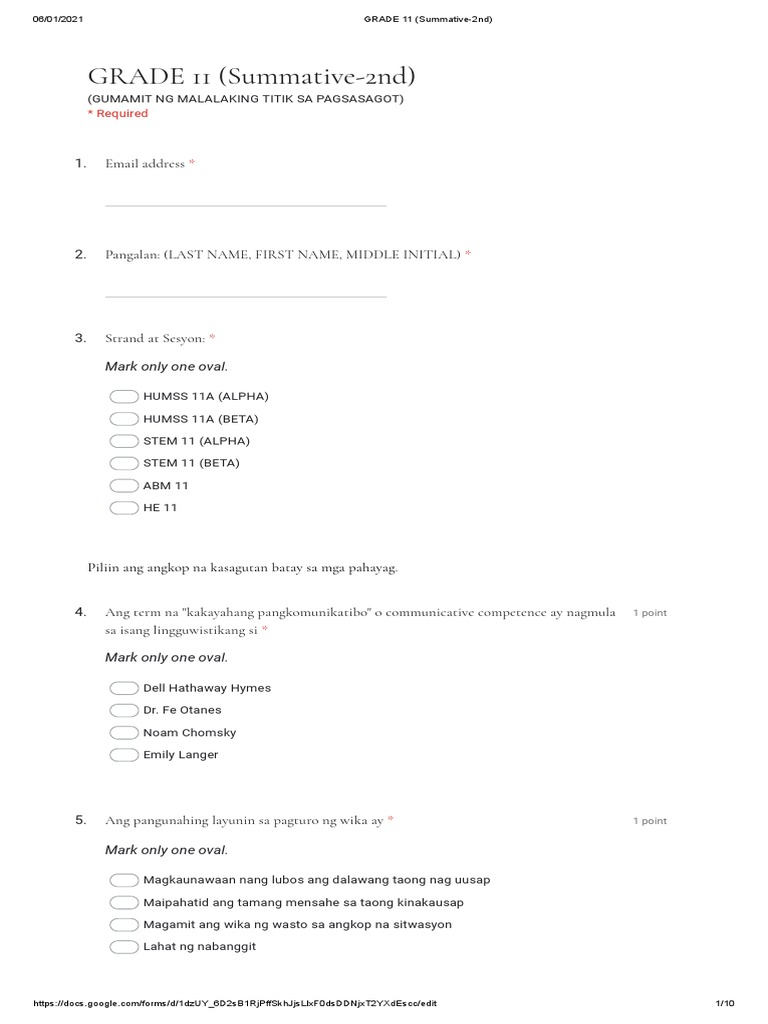 GRADE 11 (Summative-2nd) - Google Forms | PDF