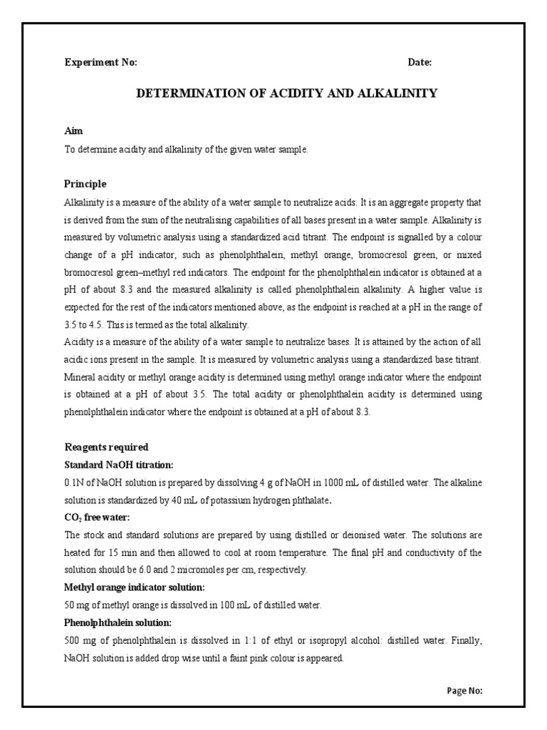 Determination of Acidity and Alkalinity: Experiment No: Date | PDF ...