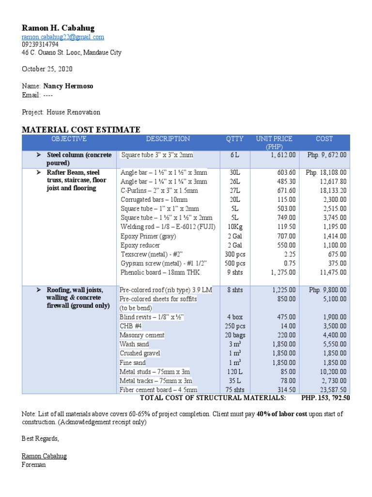 Material Approximate Cost Estimate | Download Free PDF | Building ...