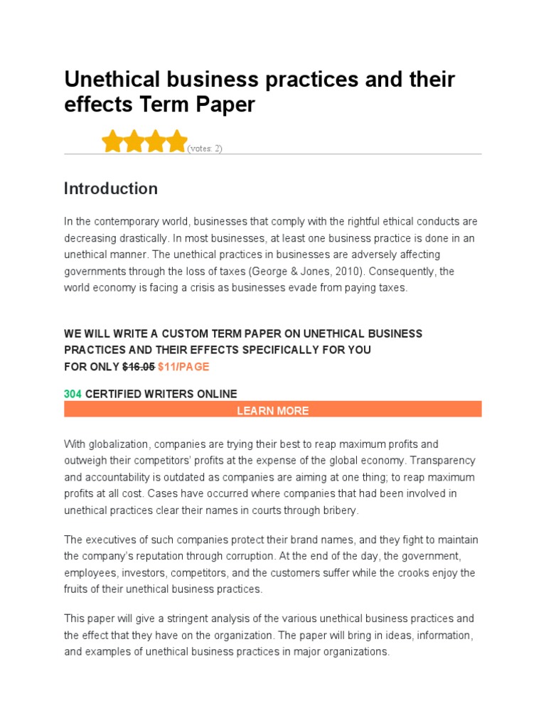 Unethical Business Practices and Their Effects Term Paper | PDF ...