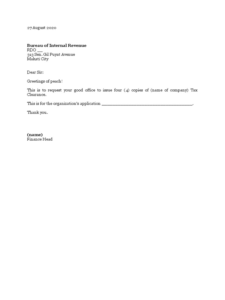 BIR Request Letter Tax Clearance Sample | PDF