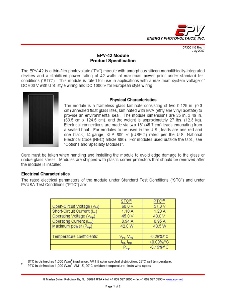 EPV-42 Module Product Specification: Physical Characteristics | PDF ...