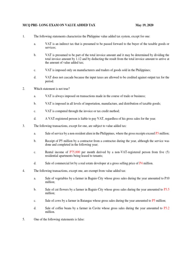 MCQ Pre-Long Exam On Value Added Tax May 19, 2020 | PDF | Value Added ...