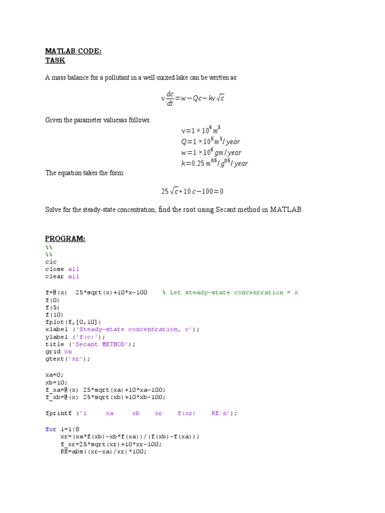 V DC DT W QC KV C: A Mass Balance For A Pollutant in A Well-Mixed Lake ...