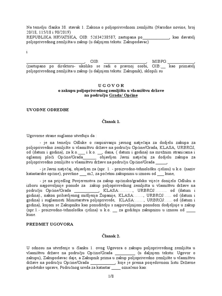 Obrazac Ugovora o Zakupu Poljoprivrednog Zemljišta U Vlasništvu Države | PDF