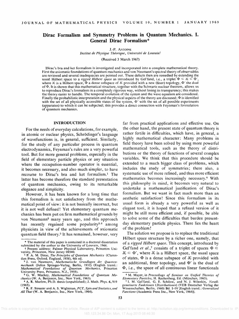 Antoine J.-P., Dirac Formalism and Symmetry Problems in Q.M-I - Etc - 1967 | PDF | Hilbert Space ...