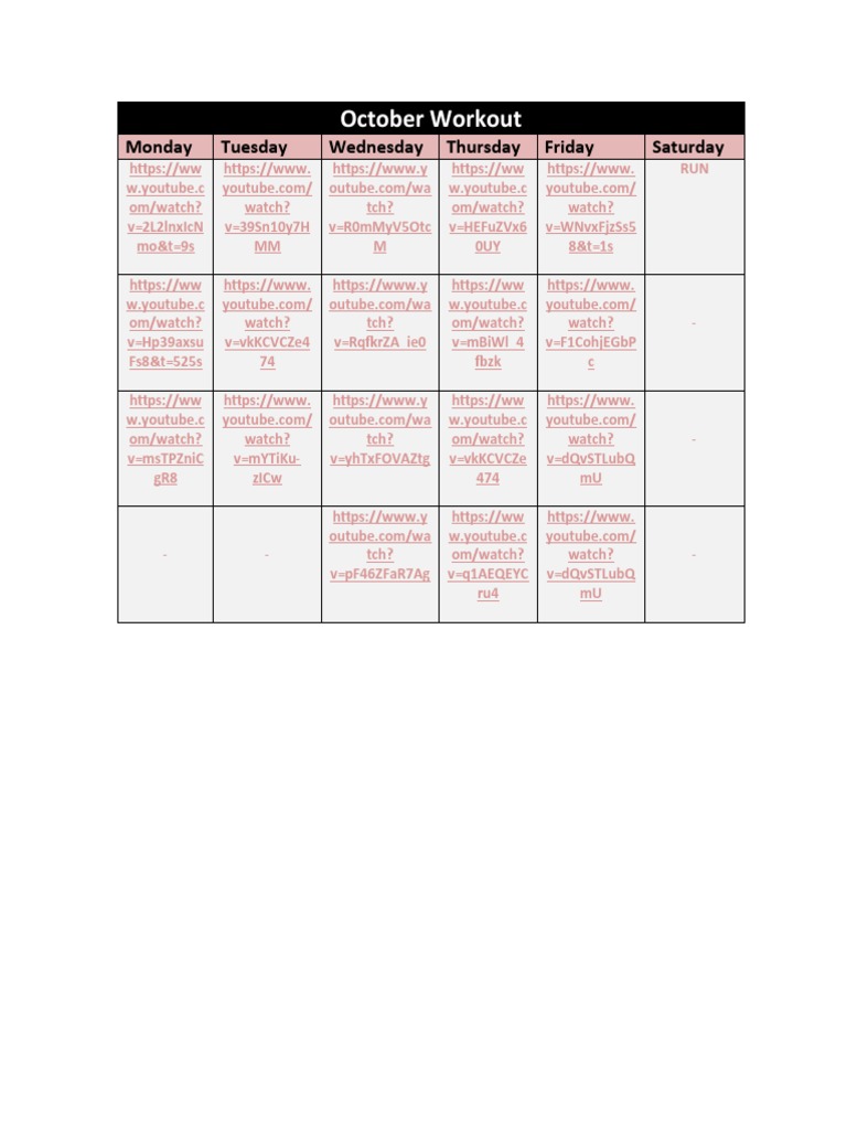 October Workout: Monday Tuesday Wednesday Thursday Friday Saturday ...