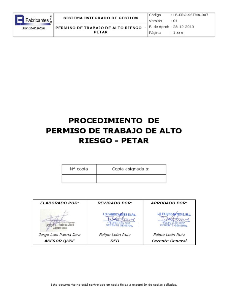 LB-PRO-SSTMA-007 Permiso Escrito de Trabajo de Alto Riesgo - PETAR | PDF | Business