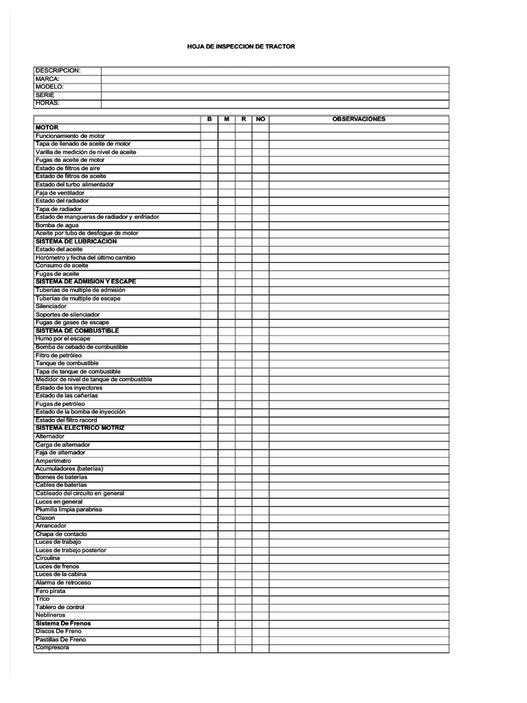 PDF Checklist Tractor Xls DD | PDF | Tecnologías automotrices ...