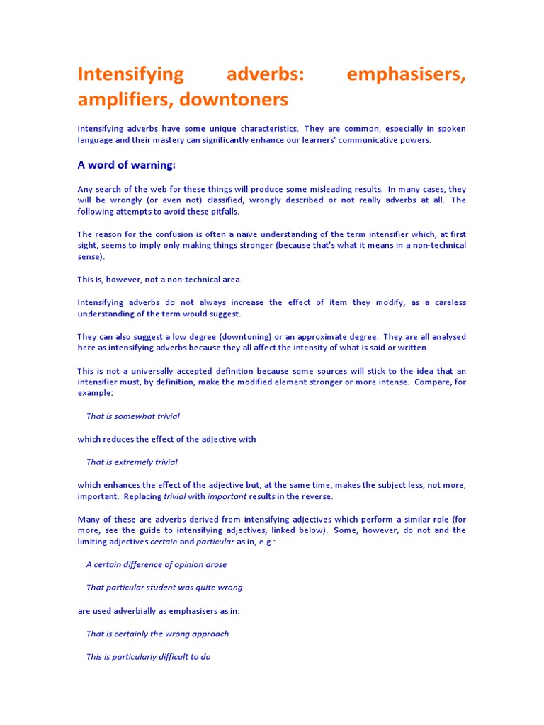 Intensifying Adverbs: Emphasisers, Amplifiers, Downtoners: A Word of ...