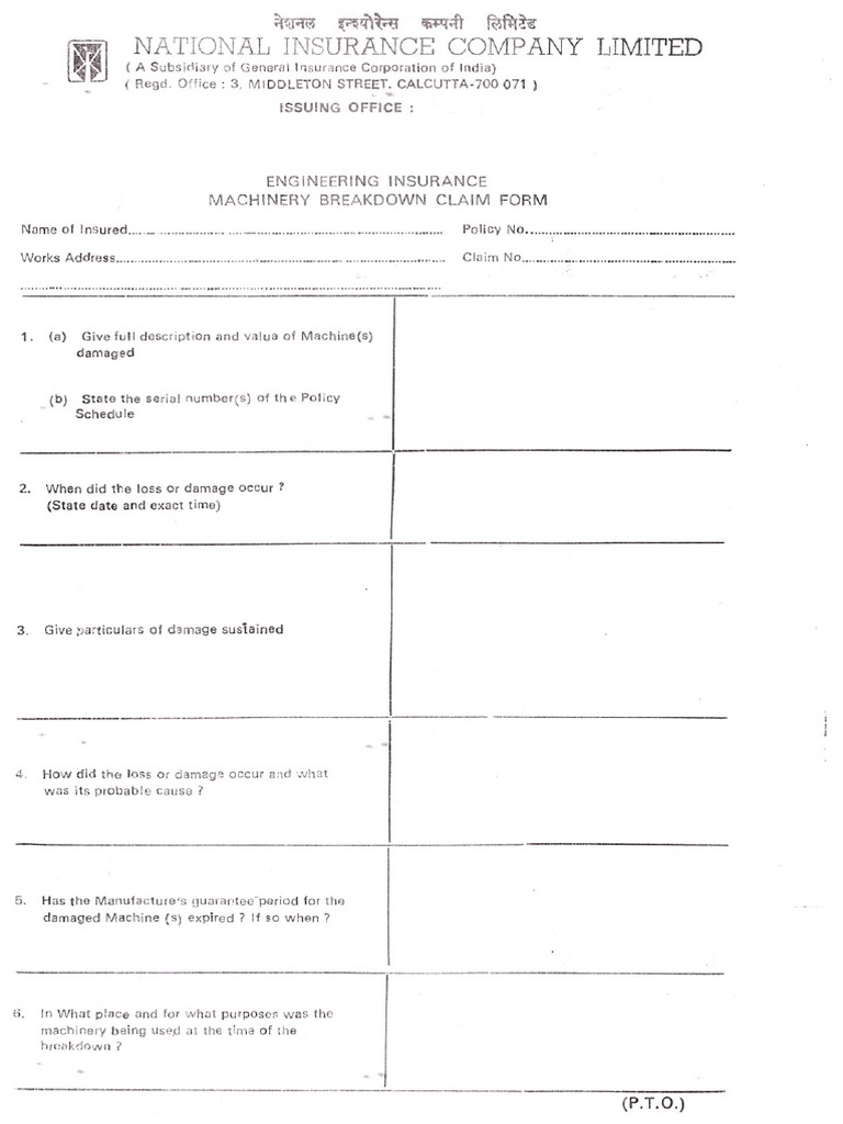National Insurp. Nce Company Ijimited: Engineering Insurance Machinery ...