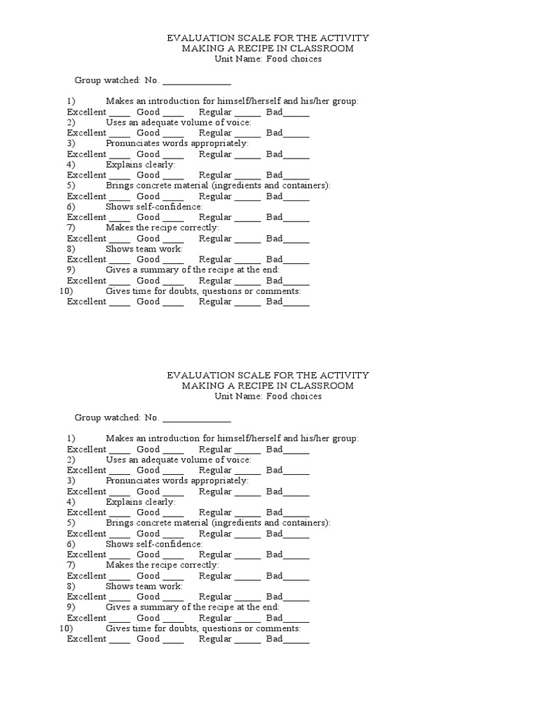 Evaluation Scale For Making A Recipe | PDF | Career & Growth | Self ...