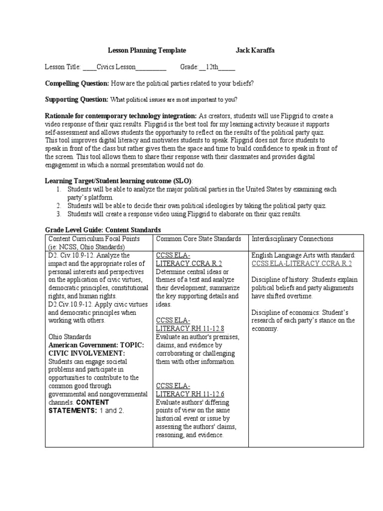 Lesson Plan Civics Portfolio | PDF | Educational Assessment | Rubric ...