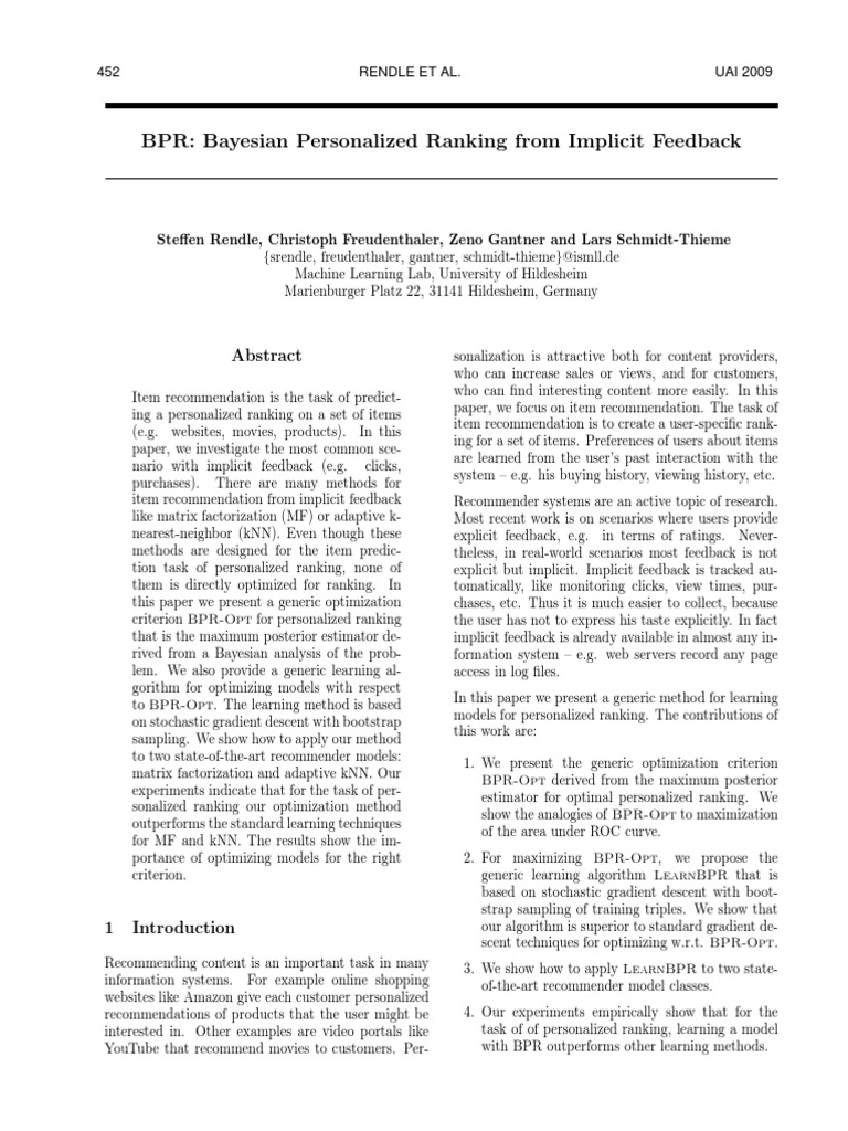 BPR: Bayesian Personalized Ranking From Implicit Feedback: Rendle Et Al. 452 UAI 2009 | PDF ...