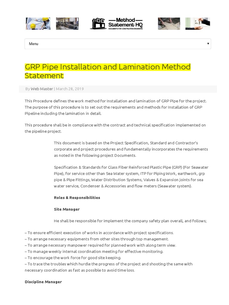 Methodstatementhq Com GRP Pipe Installation and Lamination Method Statement HTML PDF | Download ...