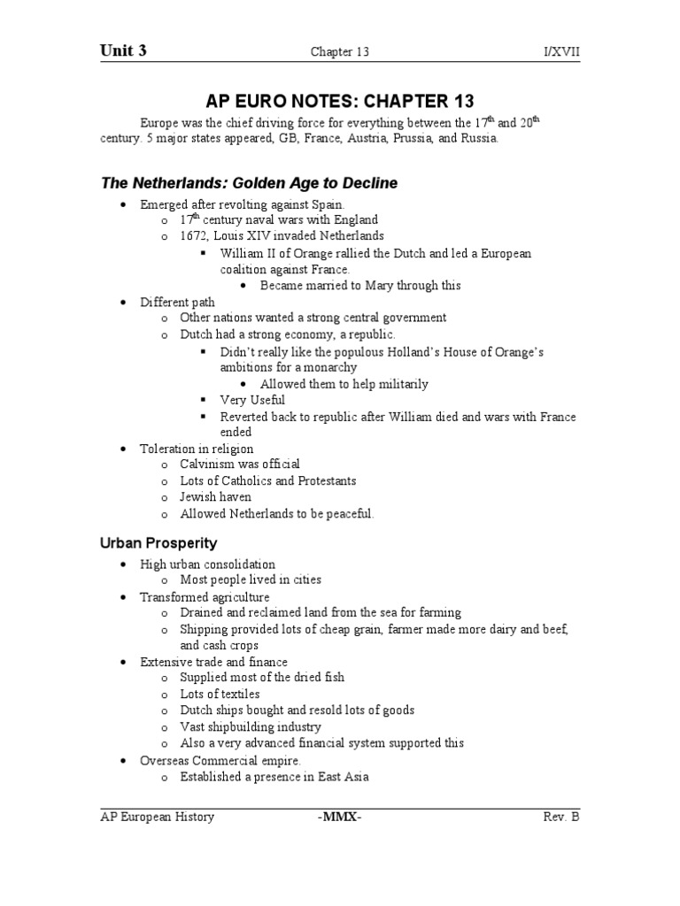 Unit 3 Ap Euro Notes: Chapter 13: The Netherlands: Golden Age To ...