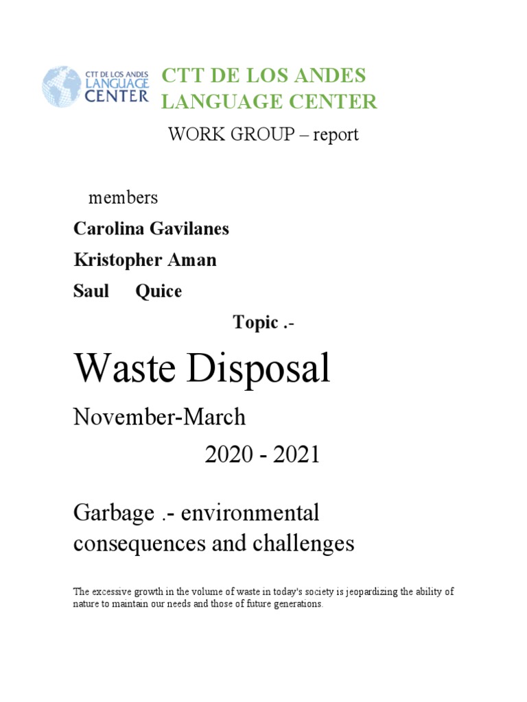 CTT DE LOS ANDES LANGUAGE CENTER WORK GROUP – Waste Disposal report ...