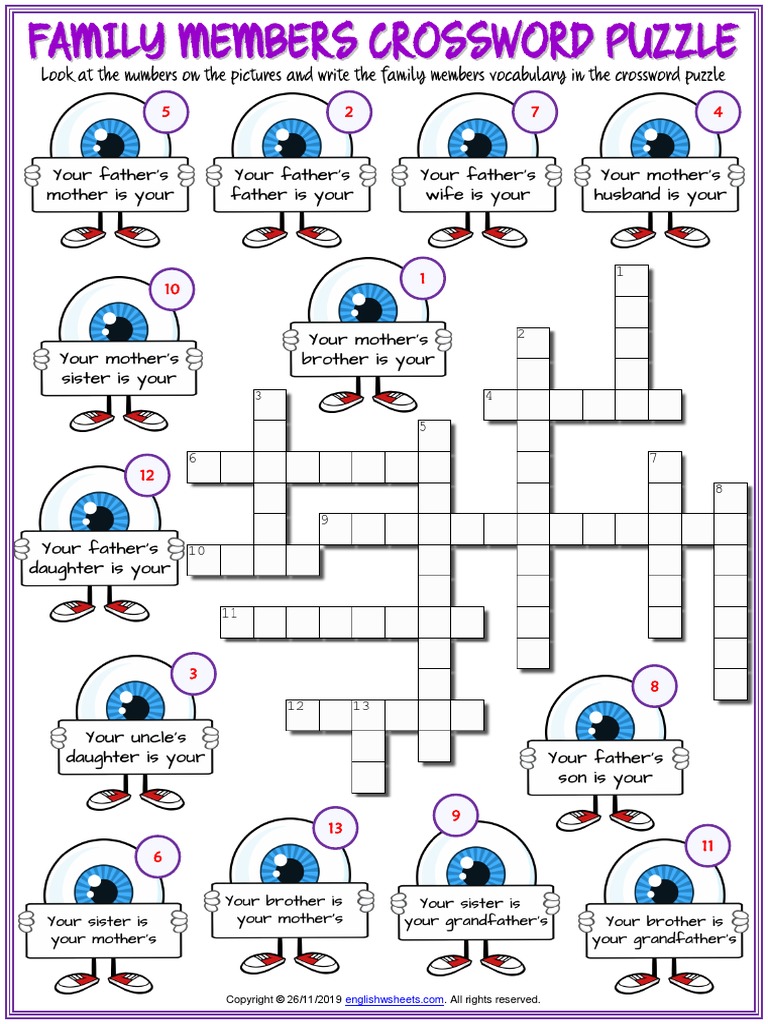 Family Members Vocabulary Esl Crossword Puzzle Worksheet For Kids | PDF