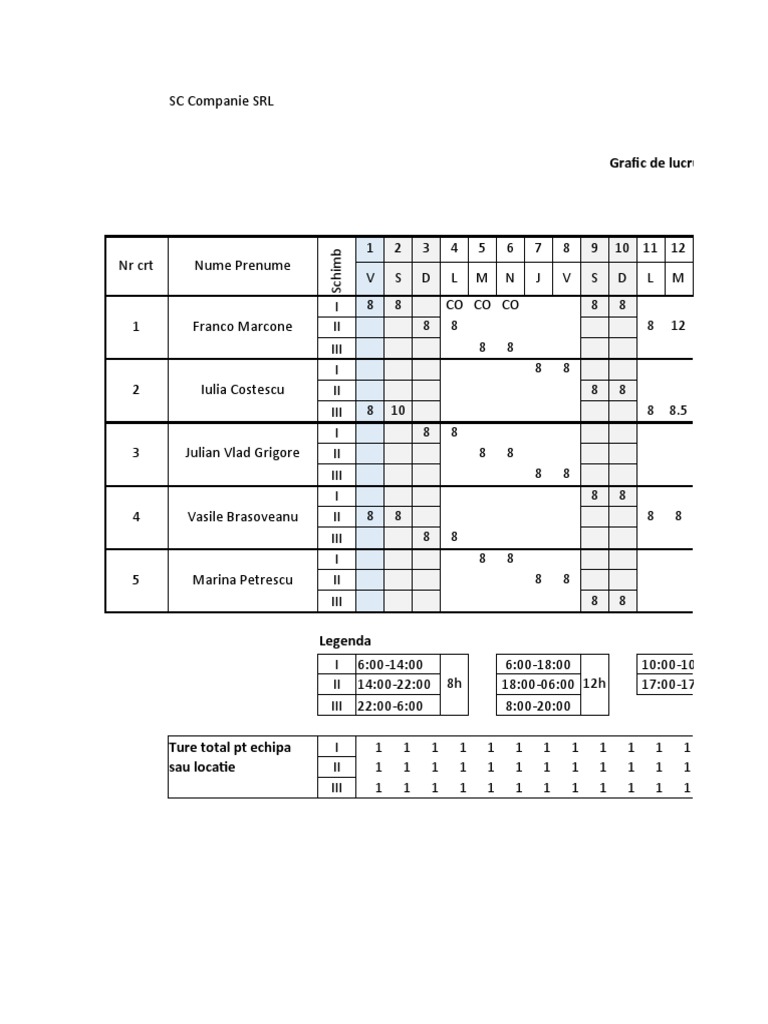 Grafic de Lucru - Foaie Colectiva Cu Prezenta (Pontaj) | PDF
