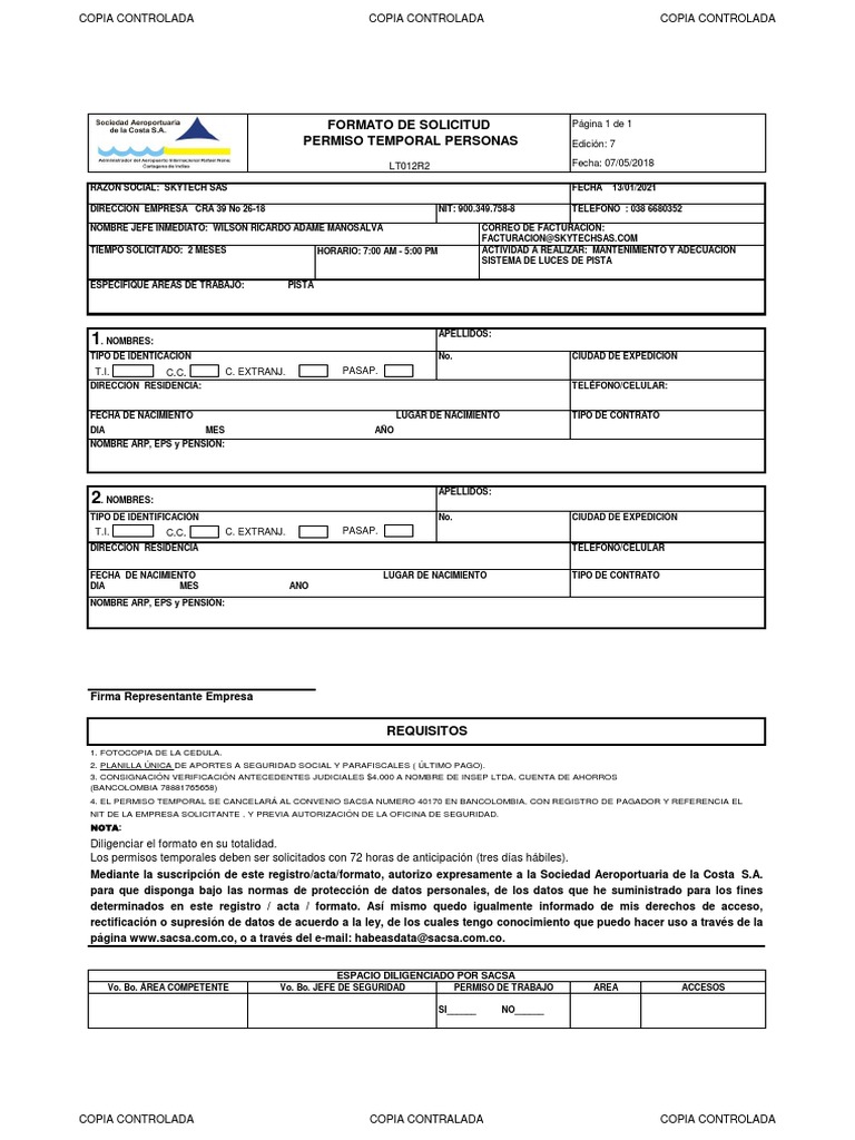 Formato de Solicitud Permiso Temporal Personas AERO CTG | PDF ...