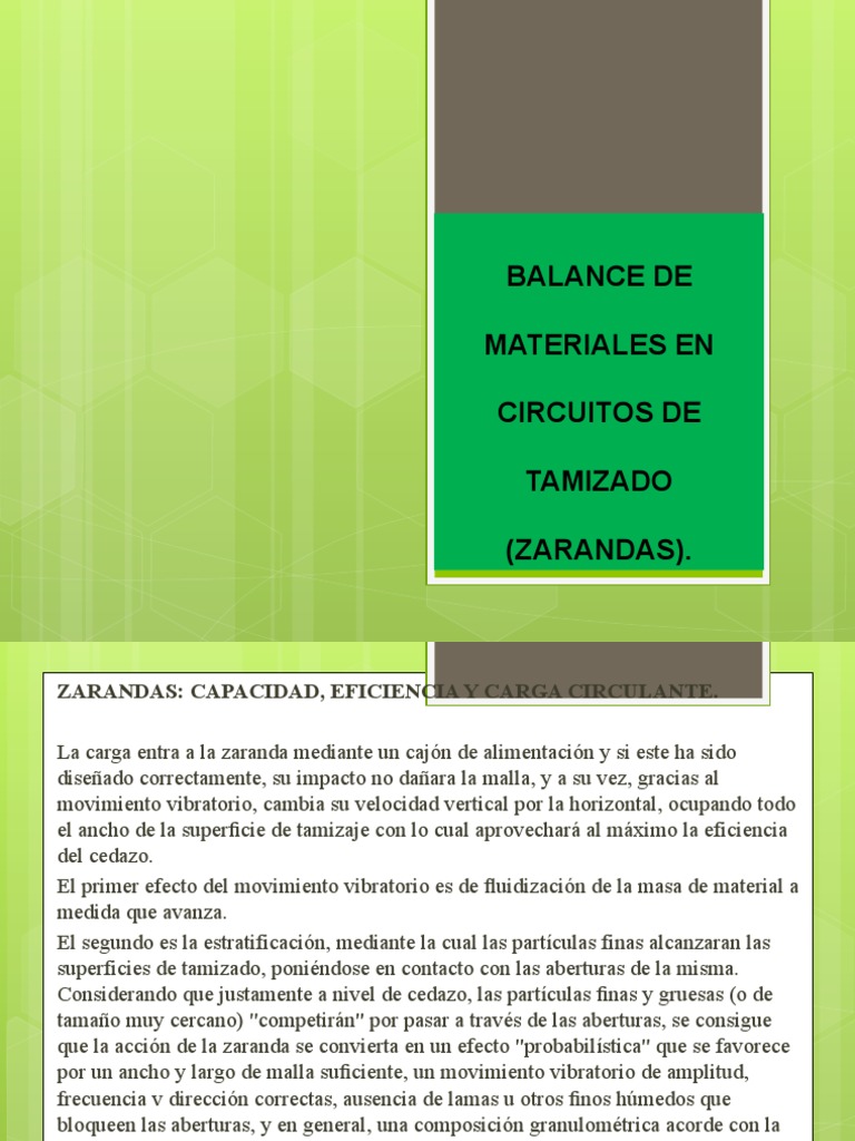 Análisis del balance de materiales y cálculo de la eficiencia y capacidad de una zaranda ...