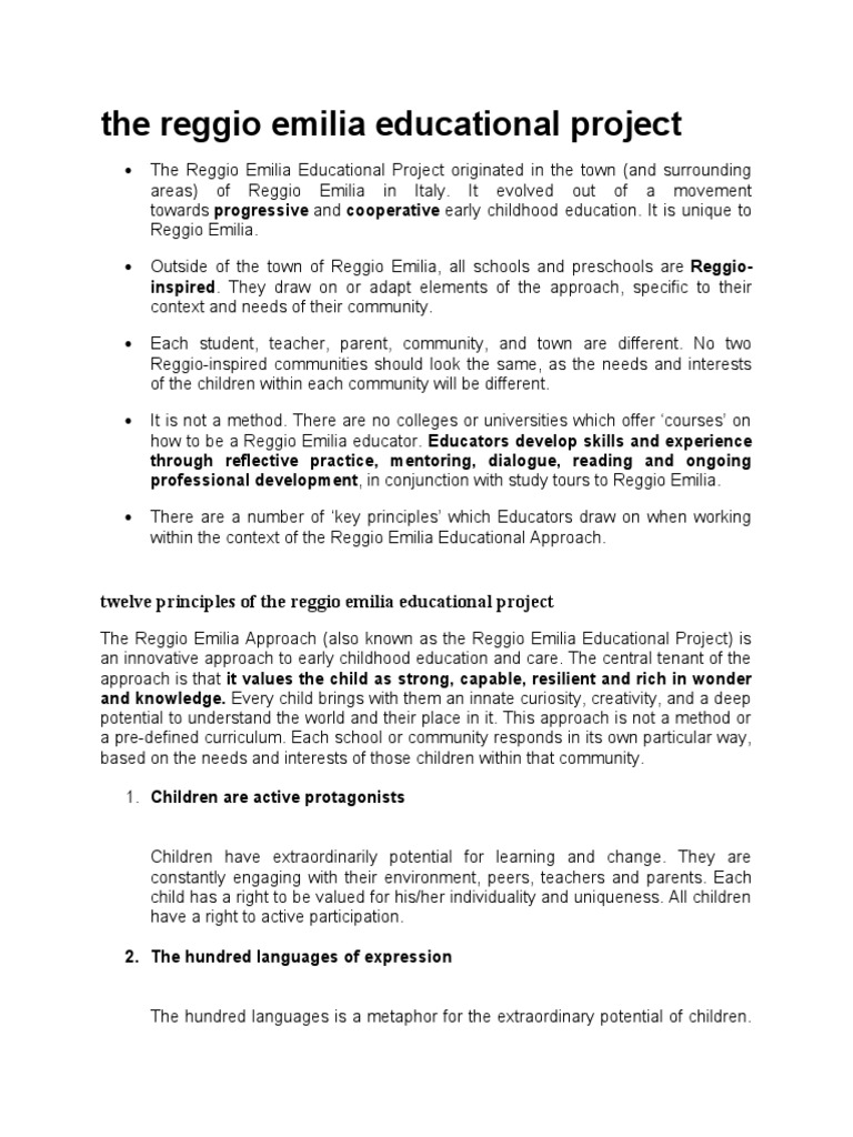 The Reggio Emilia Educational Project | PDF | Human Nature | Cognition