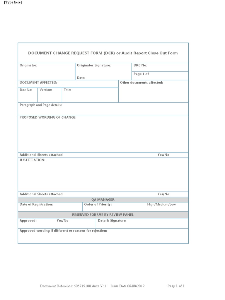 DOCUMENT CHANGE REQUEST FORM (DCR) or Audit Report Close Out Form | PDF